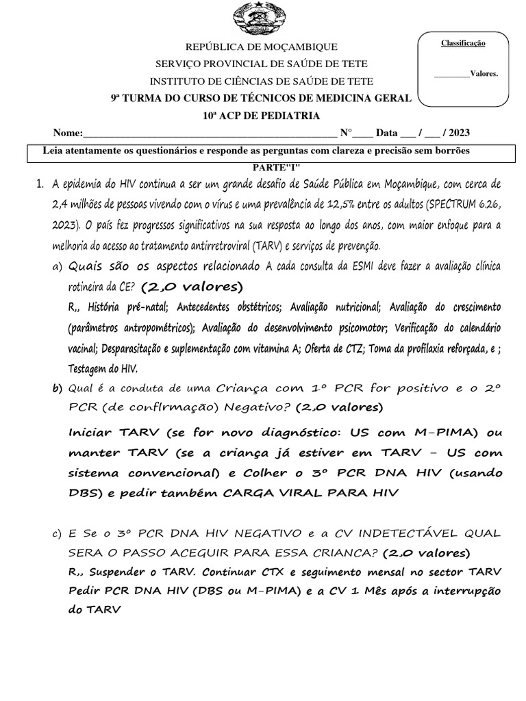 Acp 10 de Pediatria TMG 9 - Chave 2023 | PDF | Gestão do HIV/Aids | HIV