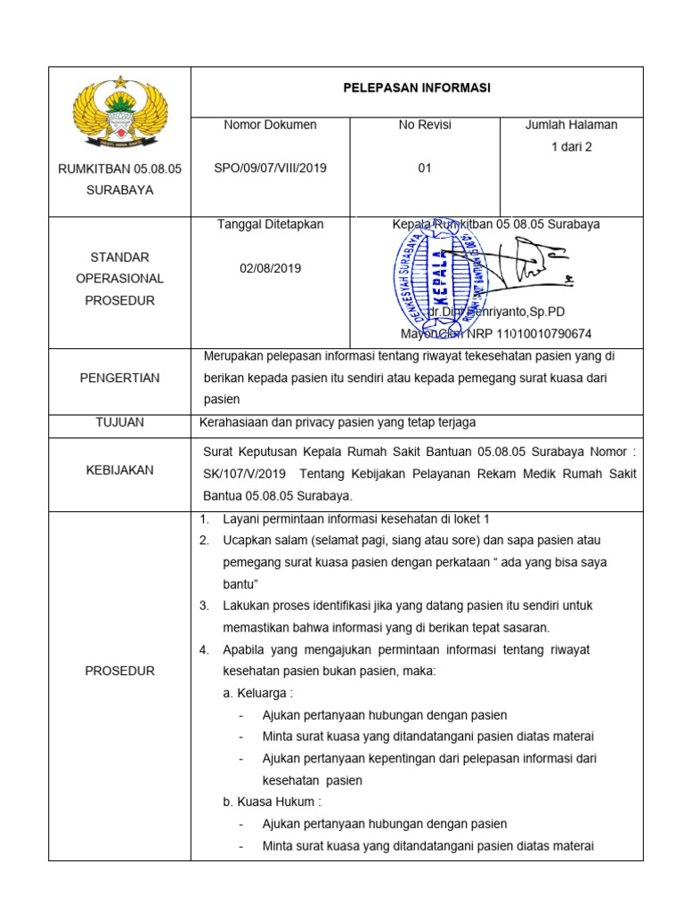 08 Sop Prosedur Pelepasan Informasi | PDF