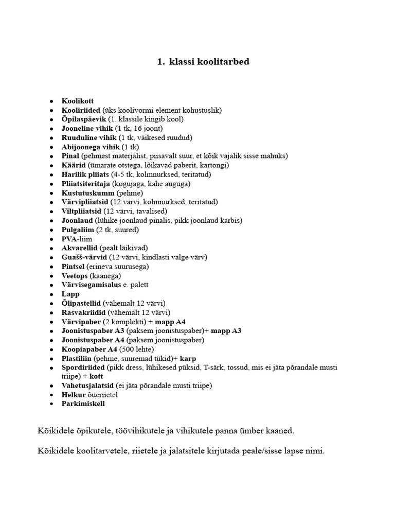Klassi Koolitarbed | PDF