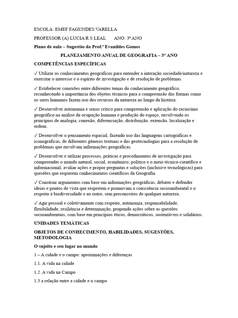 Plano de Aula 3 Ano - Geografia | PDF | Geografia | Desperdício