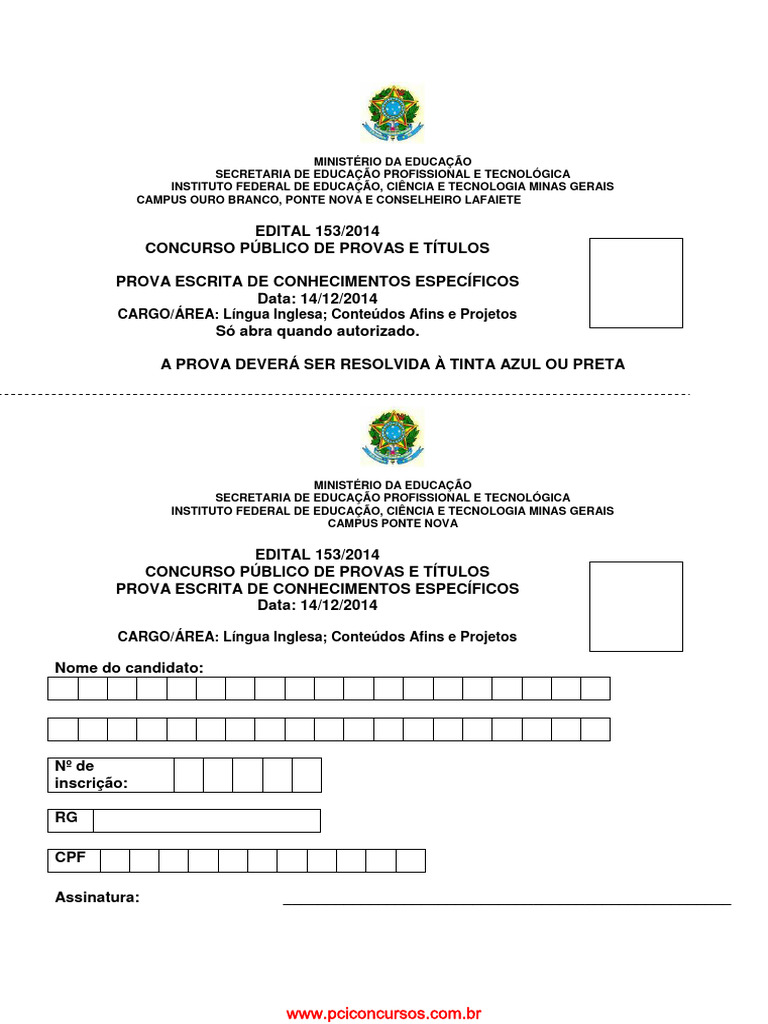 Concurso IFMG: Prova de Inglês | PDF