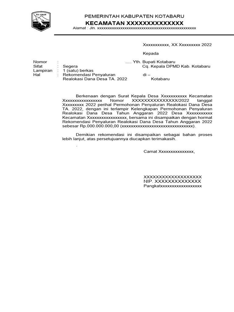 Contoh Surat Rekomendasi Kec Realokasi DD TA 2022 | PDF