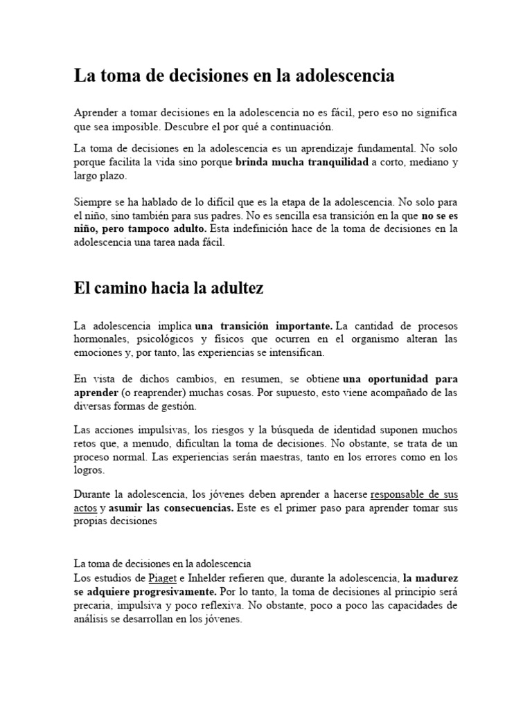 La Toma de Decisiones en La Adolescencia | Descargar gratis PDF | Toma ...