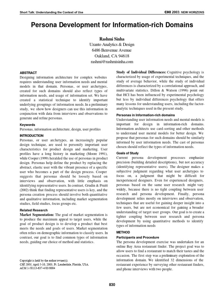 Persona Development For Information-Rich Domains: Uzanto Analytics & Design 6486 Benvenue Avenue ...