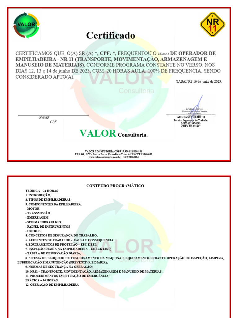 Certificado Motta, Op - Empilhadeira | PDF