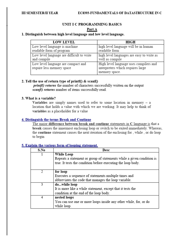 Ec8393 Pds 2marks With Answers Pdf Pointer Computer Programming 1076