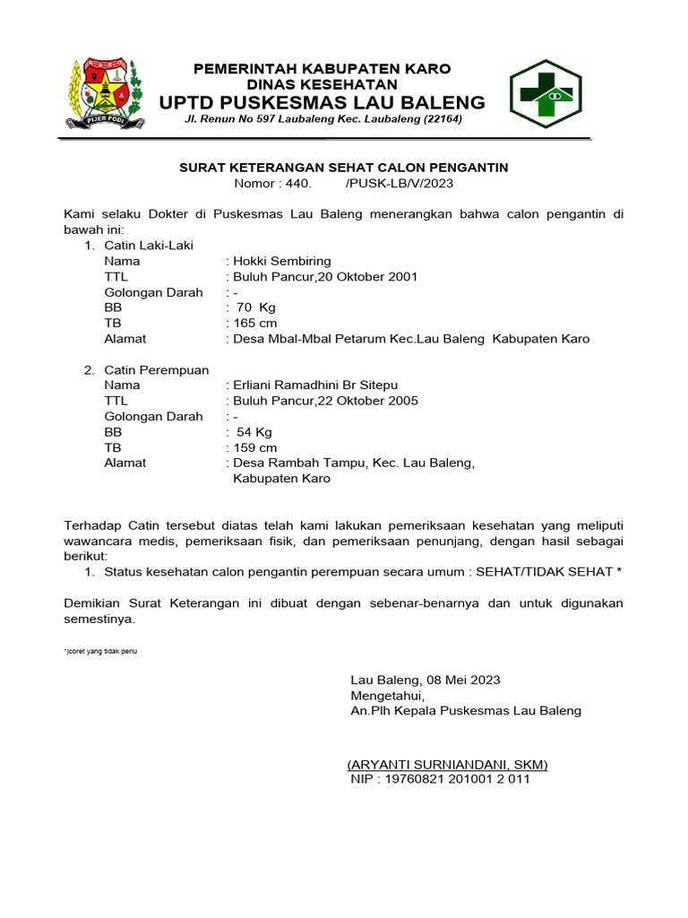 Surat Keterangan CATIN An. Ariansyah Dan Sumita 2023 | PDF