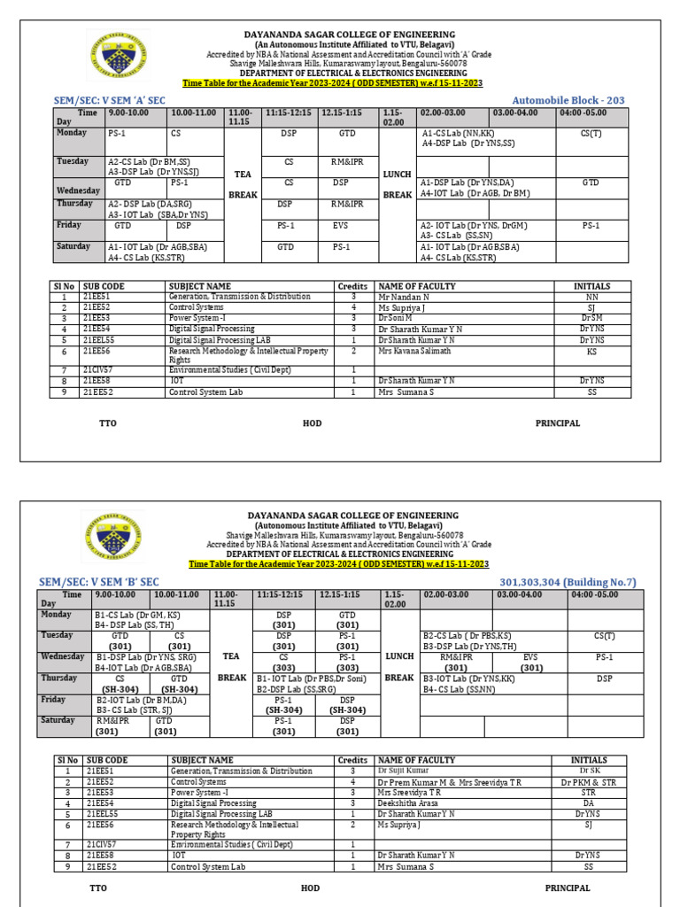 V SEMESTER Class TT - 2023-24 | PDF | Electrical Engineering | Electronic Engineering