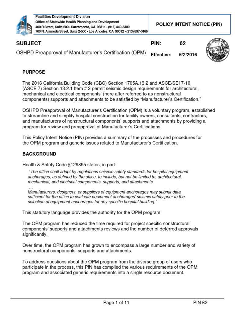 PIN 62 OSHPD Preapproval of Manufacturers Certification OPM | Download ...