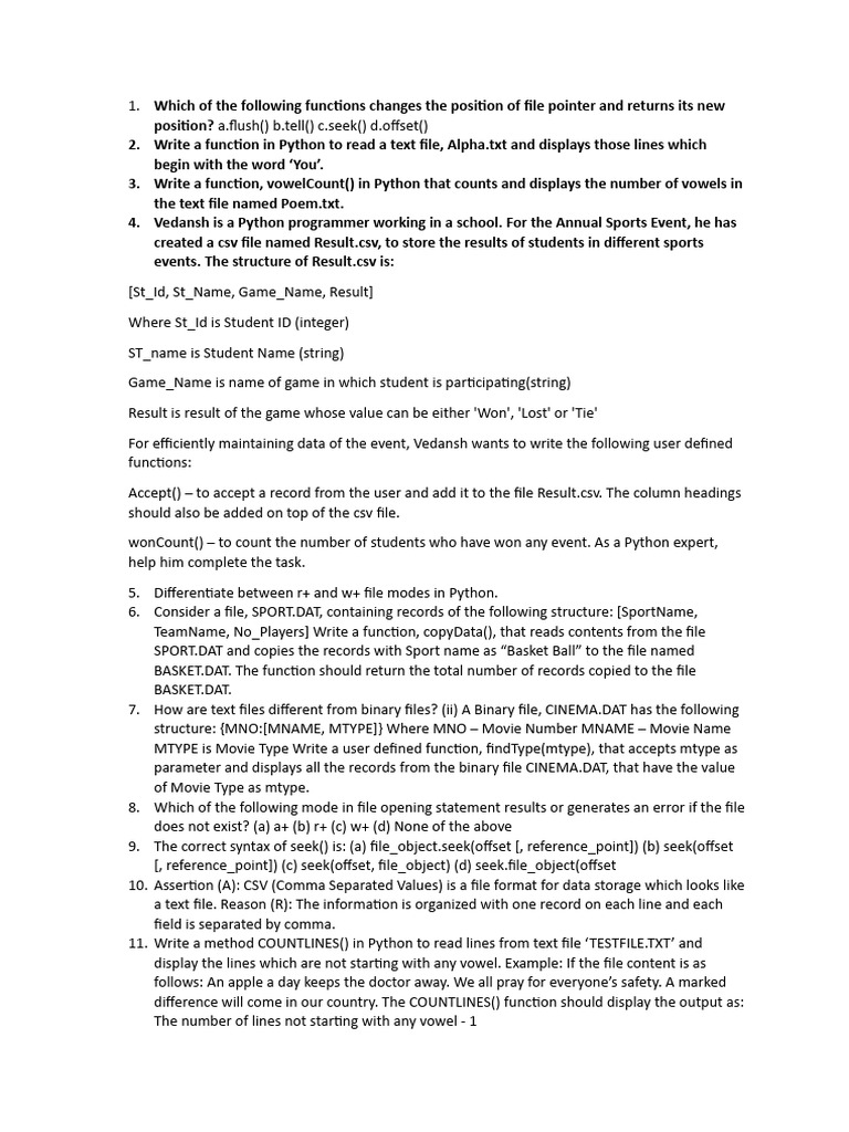 Which of The Following Functions Changes The Position of File Pointer and Returns Its New ...