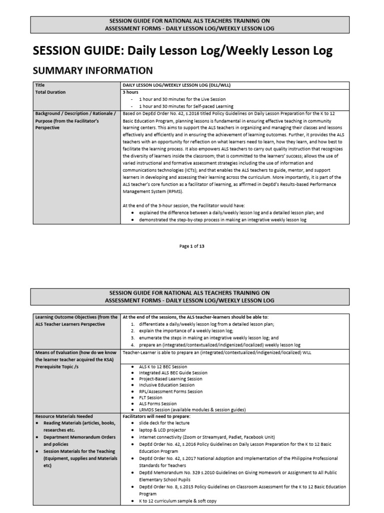ALS Teacher Training: Lesson Log Guide | PDF | Lesson Plan | Learning