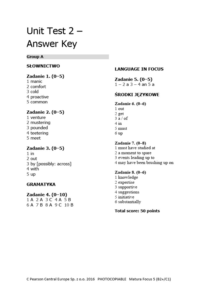 Unit Test 2 Answer Key - Group A | PDF