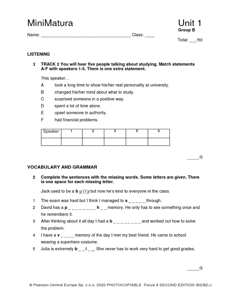 Focus4 2E MiniMatura Unit1 GroupB 1kol | PDF | Teachers | Learning