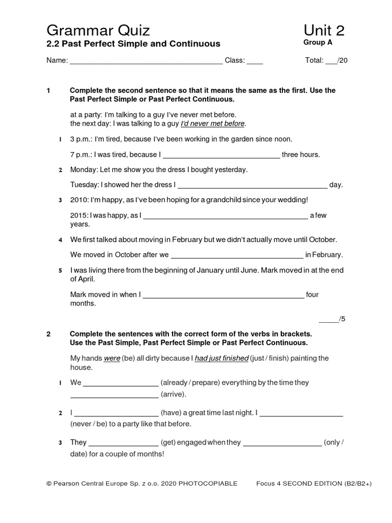 Focus4 2E Grammar Quiz Unit2.2 GroupA 1kol | PDF | Languages | Foreign Language Studies