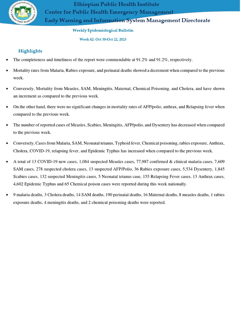 EPHI CPHEM Weekly Bulletin Epi-Week-42,2023 | PDF | Ethiopia | Measles
