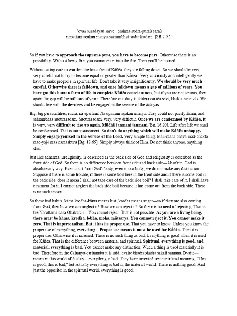 SP Lecture Notes On 7th Canto SB Prahlads Prayers | PDF | Meditation | Yoga