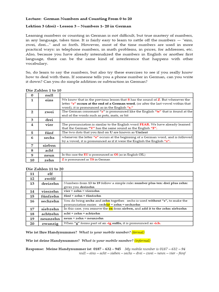 Lecture - German Numbers - Lektion 3 - (Numbers 0 - 20) - Lektion 4 ...