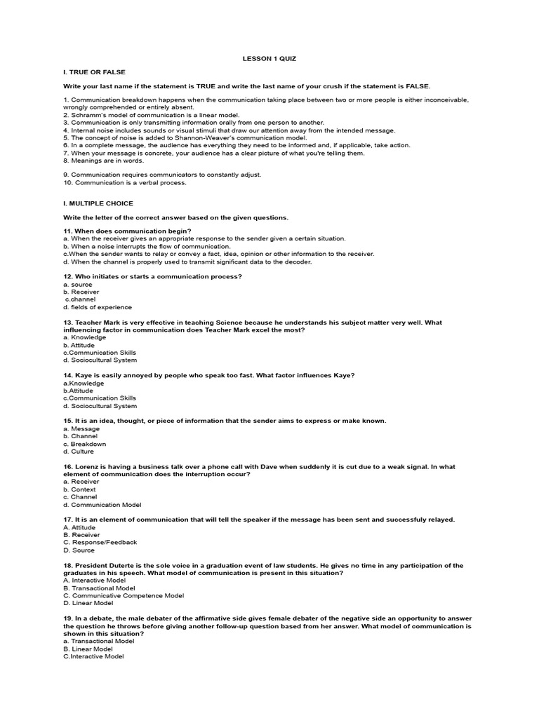 Lesson 1 Quiz | PDF | Communication | Psychological Concepts