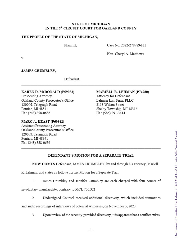 James Crumbley - Motion For Separate Trial | PDF | Wisconsin Circuit Courts | Prosecutor