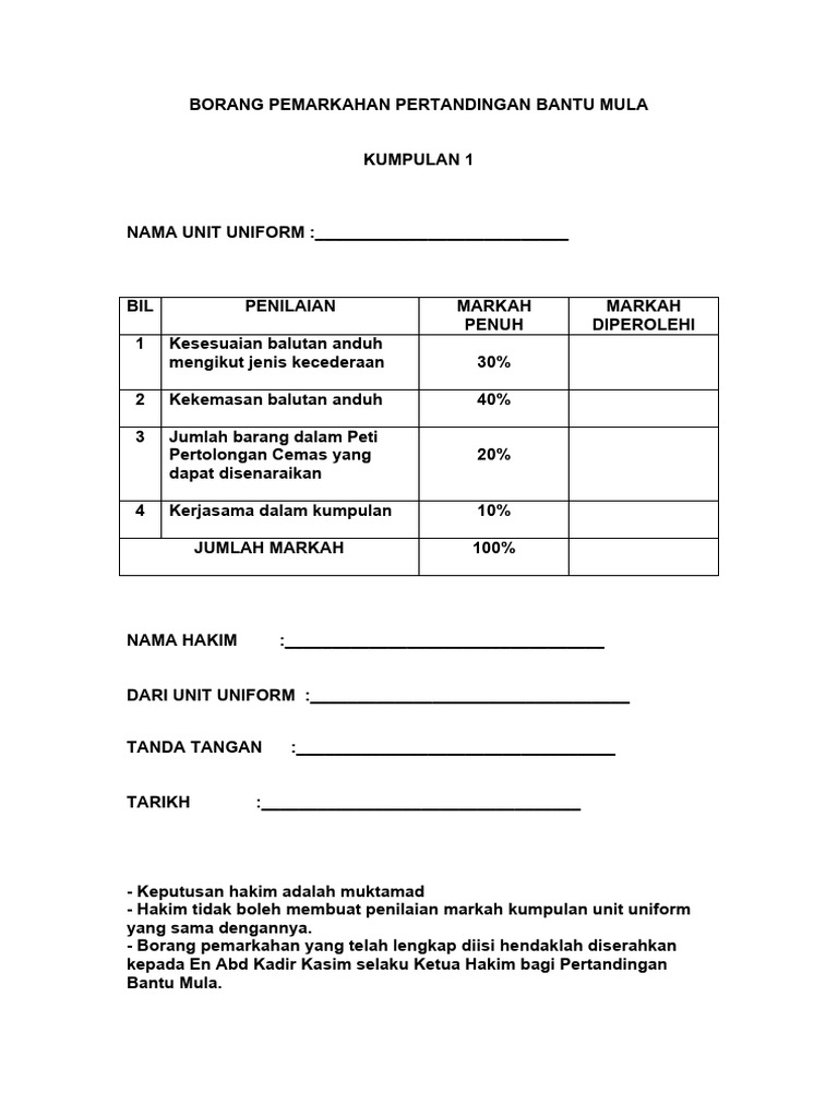 Borang Pemarkahan Pertandingan Bantu Mula | PDF