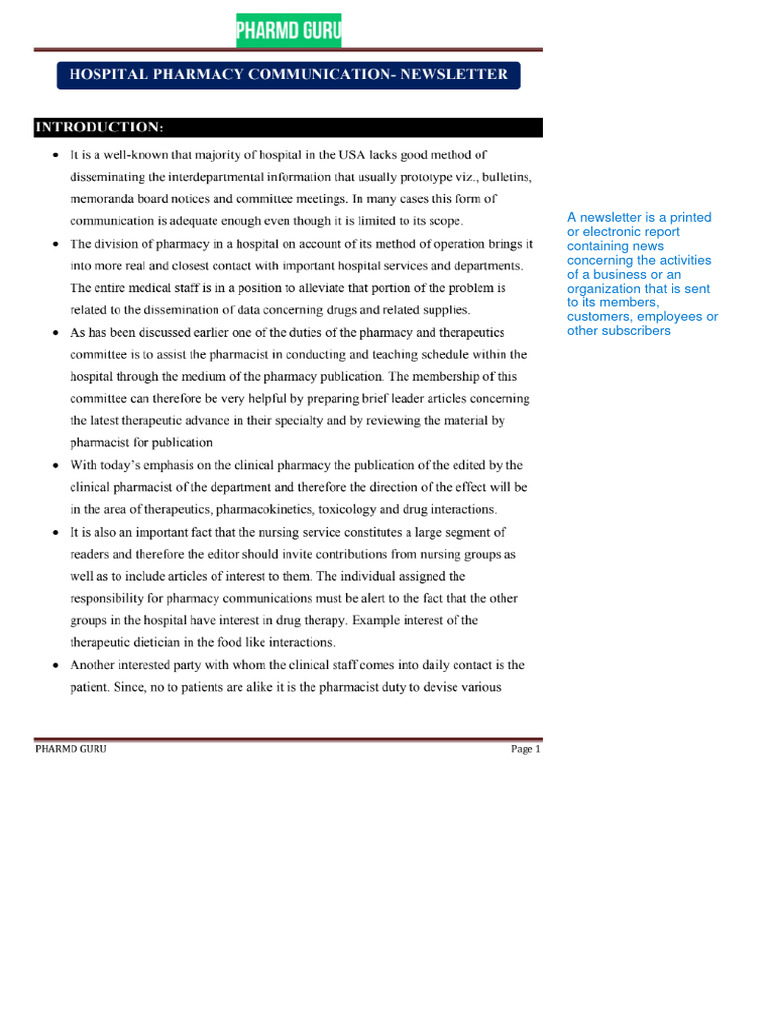 Hospital Pharmacy Communication - Newsletter | PDF | Pharmacy | Health Care