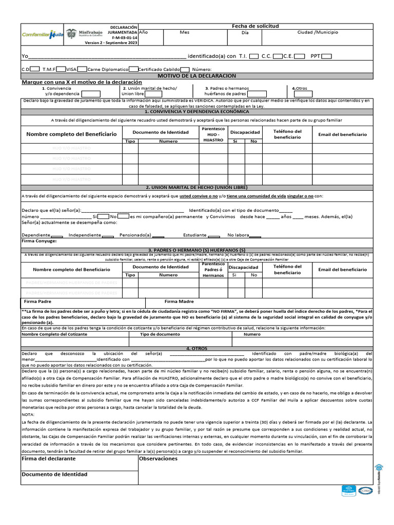 Declaración Juramentada Comfandi | PDF