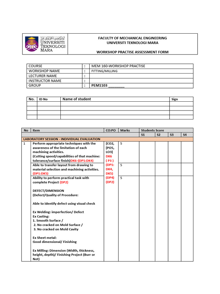 Workshop Practice Assessment Form | PDF | Machining | Building Materials