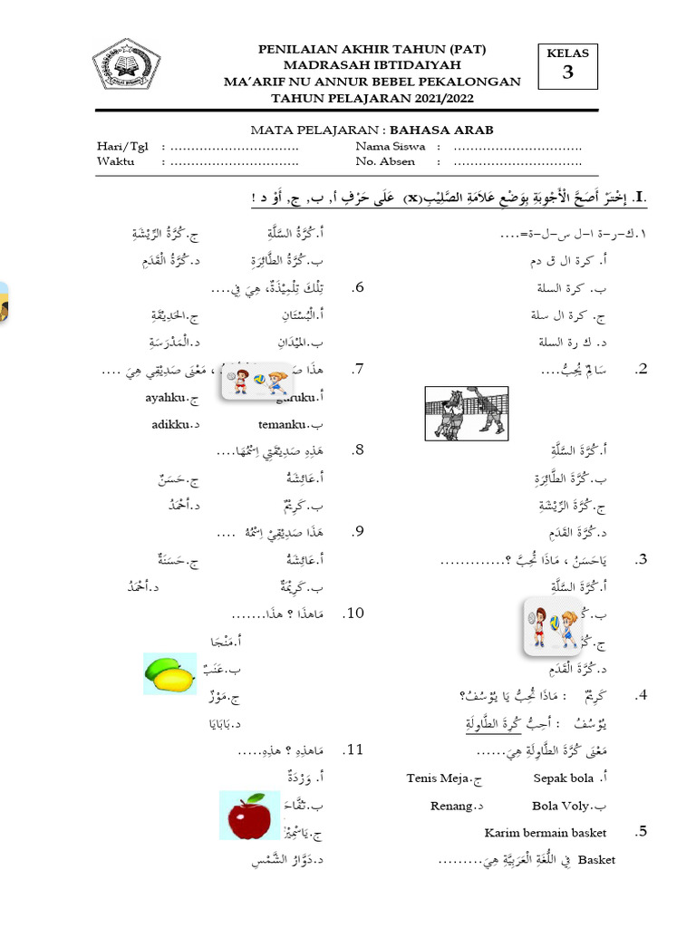 PAT Bahasa Arab Kls 3 MI Soal Dan Kunci Jawaban | PDF