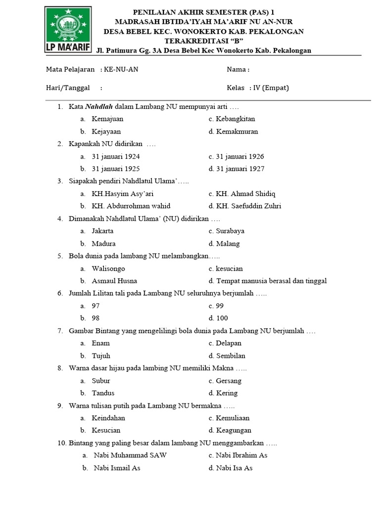Soal Pas Ke-Nuan KLS 4 SMSTR 1 Fix 1 | PDF | Agama & Spiritualitas