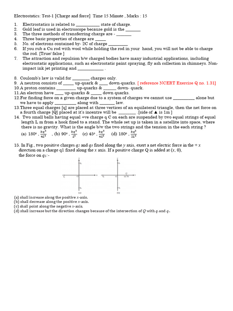 Electrostatics Test: Charge & Force Quiz | PDF | Electric Charge ...