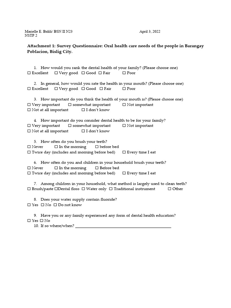 NSTP 2 Survey QS | Download Free PDF | Oral Hygiene | Dentistry