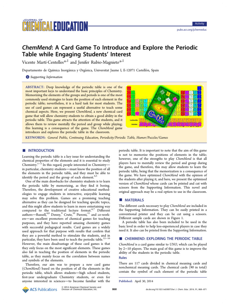 ChemMend: Periodic Table Card Game | PDF | Periodic Table | Chemistry