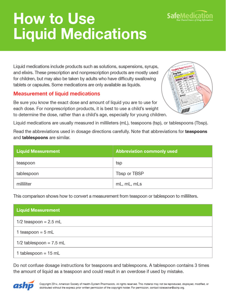 Liquid Medications Flyer | Download Free PDF | Teaspoon | Tablespoon