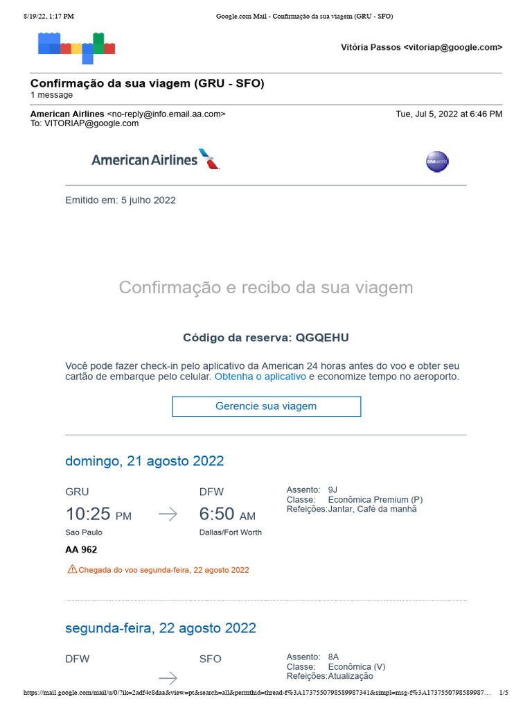 Mail - Confirmação Da Sua Viagem (GRU - SFO) | PDF | Transporte ...