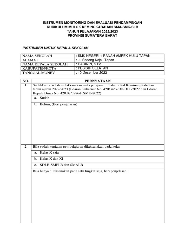 Instrumen Monitoring Dan Evaluasi Pendampingan Mulok | PDF