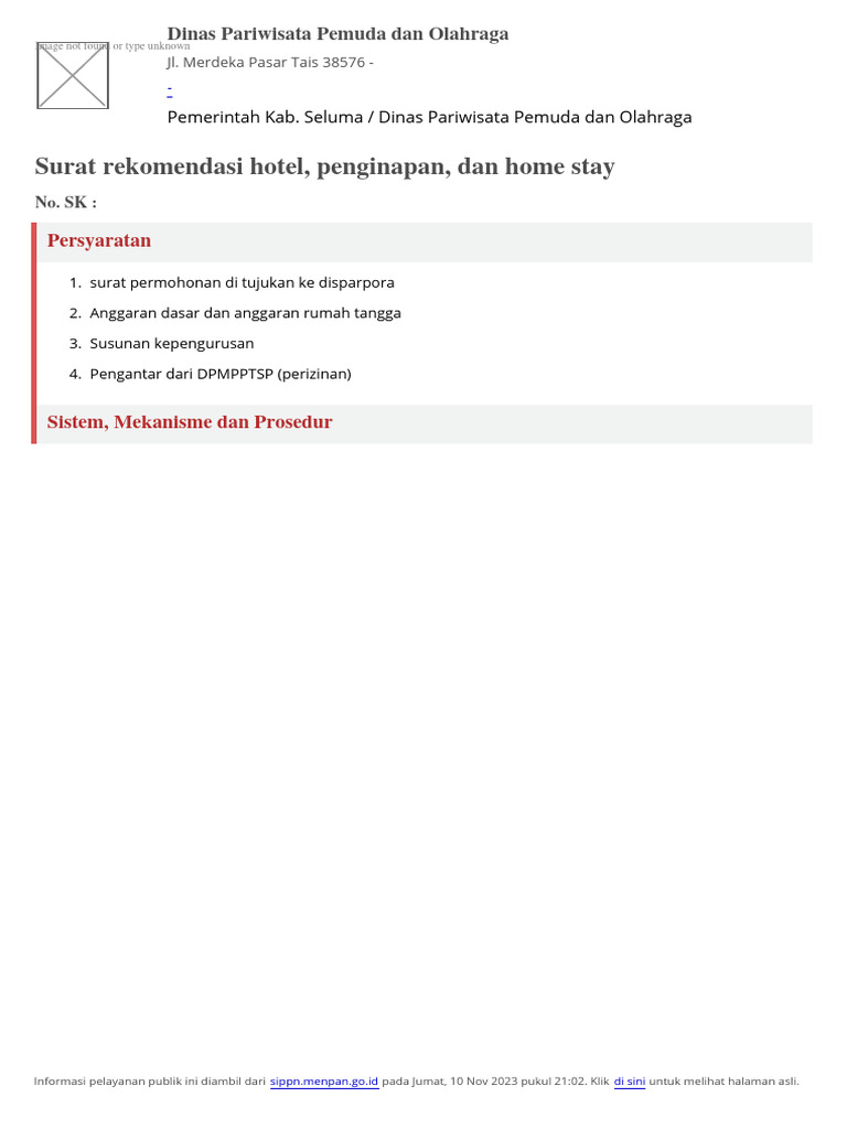 Unduh Standar Pelayanan - Surat Rekomendasi Hotel, Penginapan, Dan Home Stay | PDF