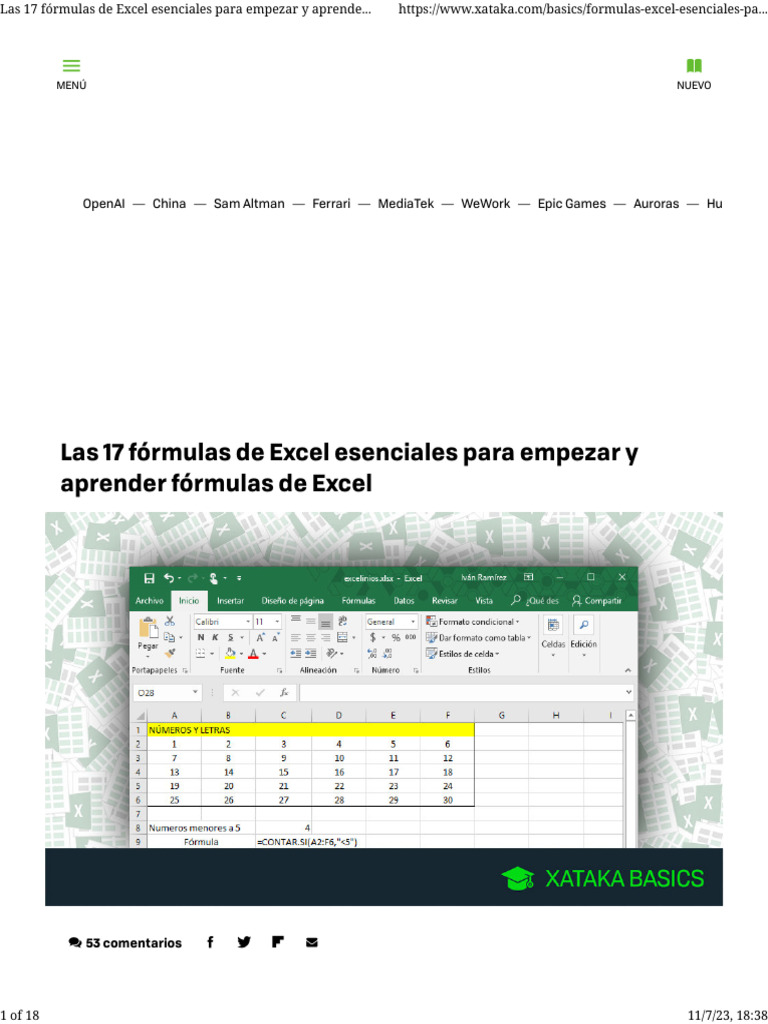 Las 17 Fórmulas de Excel Esenciales para Empezar y Aprender Fórmulas de Excel | Descargar gratis ...