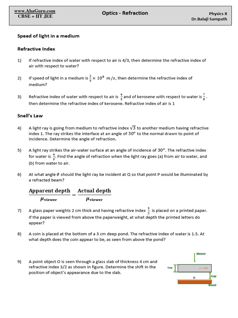 0HJkR STD 10 - Optics Refraction Worksheet (2023-24) | PDF