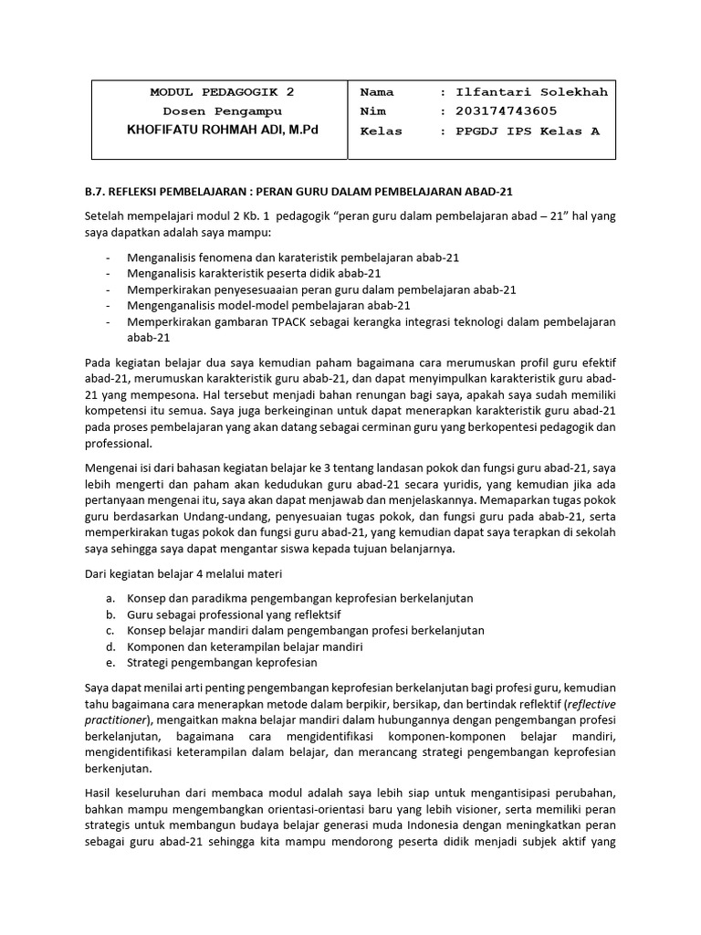 b.7. Refleksi Pembelajaran Peran Guru Dalam Pembelajaran Abad-21 | PDF ...