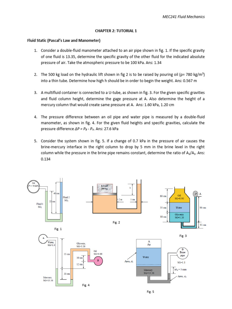 Chapter 2: Tutorial 1 Fluid Static (Pascal's Law and Manometer) | PDF