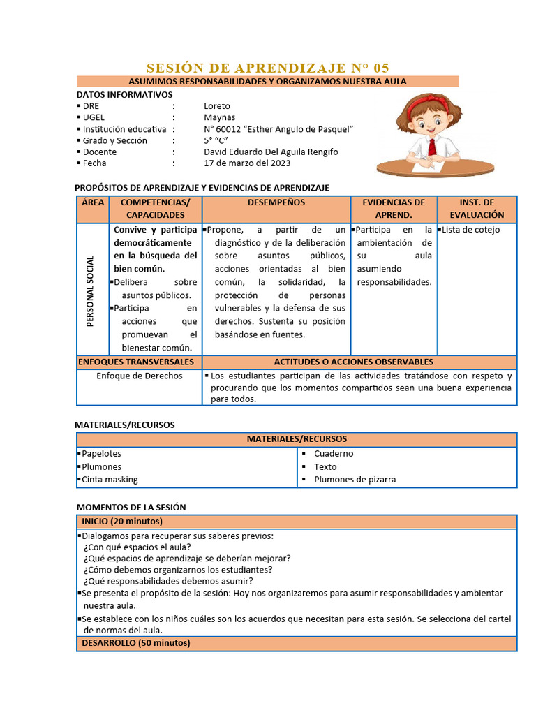 SESIÓN DE APRENDIZAJE N° 5 | PDF | Salón de clases | Aprendizaje
