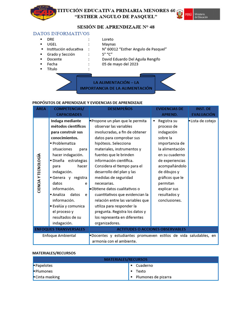 Sesion de Aprendizaje #48 | PDF | Alimentos | Aprendizaje