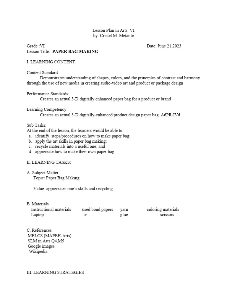 Grade VI Paper Bag Making Lesson Plan | PDF | Learning | Lesson Plan