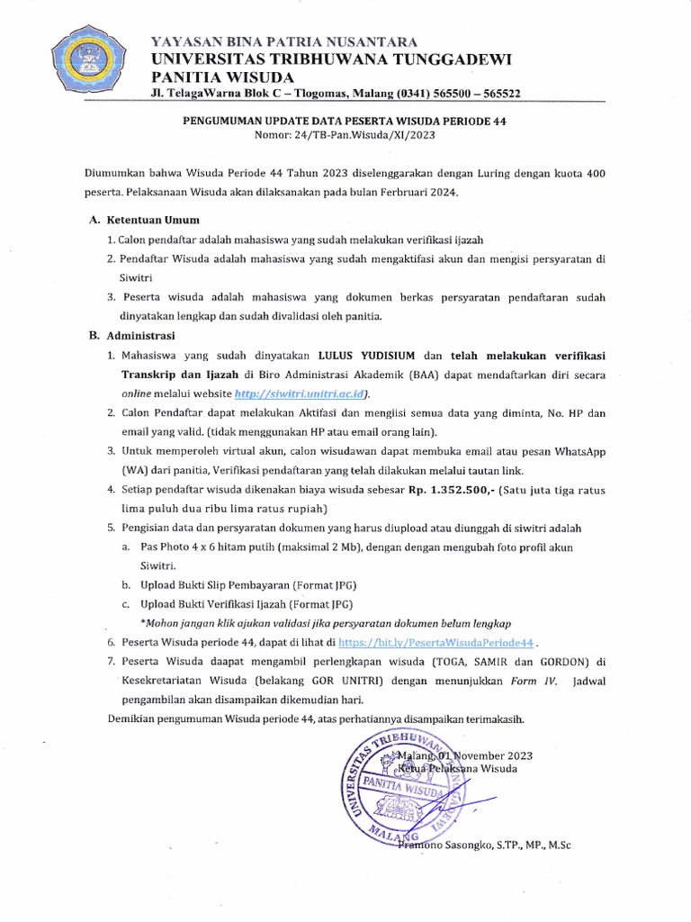Pengumuman Wisuda Periode 44 - Update 01 Nov 2023 | PDF