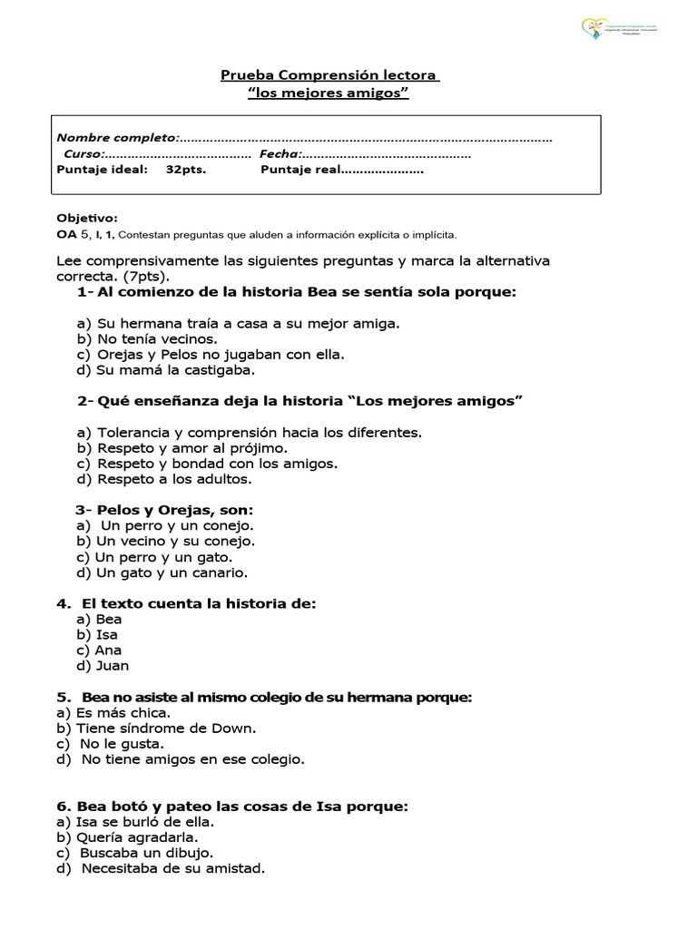 Evaluación Los Mejores Amigos. | PDF | Artes del lenguaje y disciplina