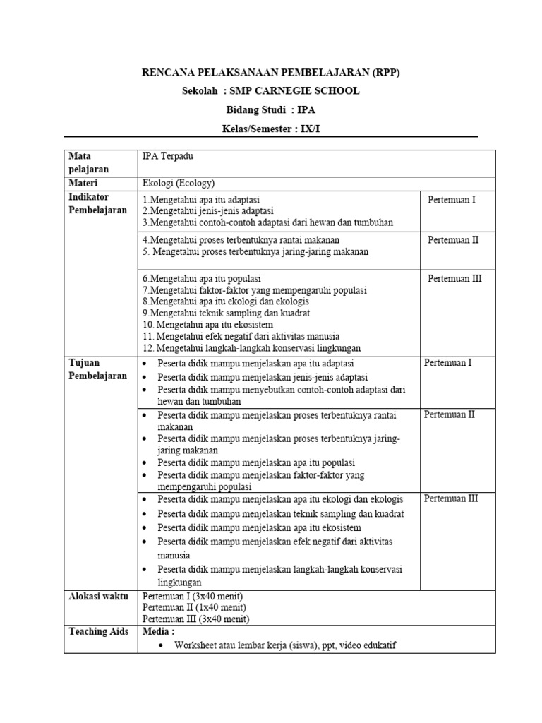 RPP IPA Kelas IX: Ekologi dan Adaptasi | PDF