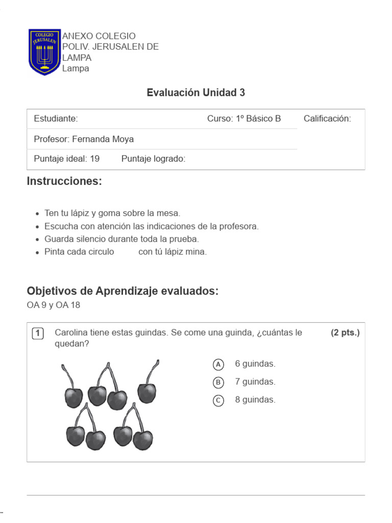 Prueba - Unidad 3 - MATEMÁTICAS | PDF