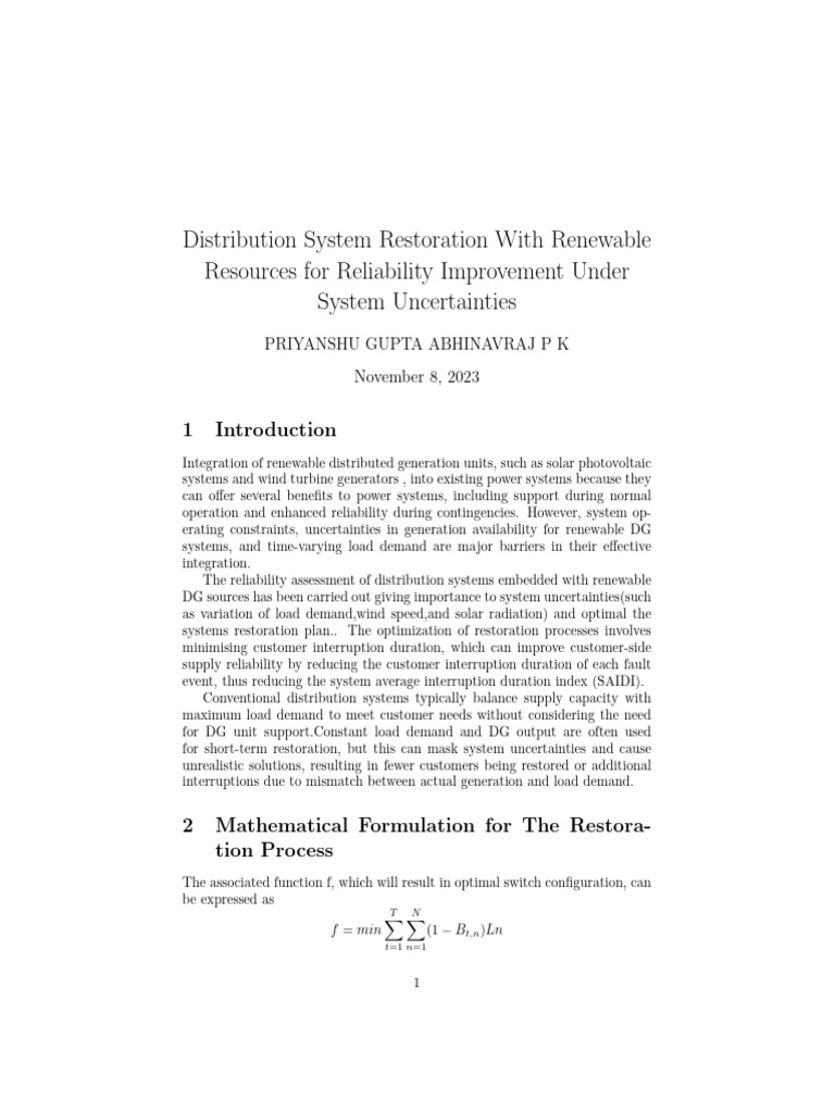 Distribution System Restoration With Renewable Resources For Reliability Improvement Under