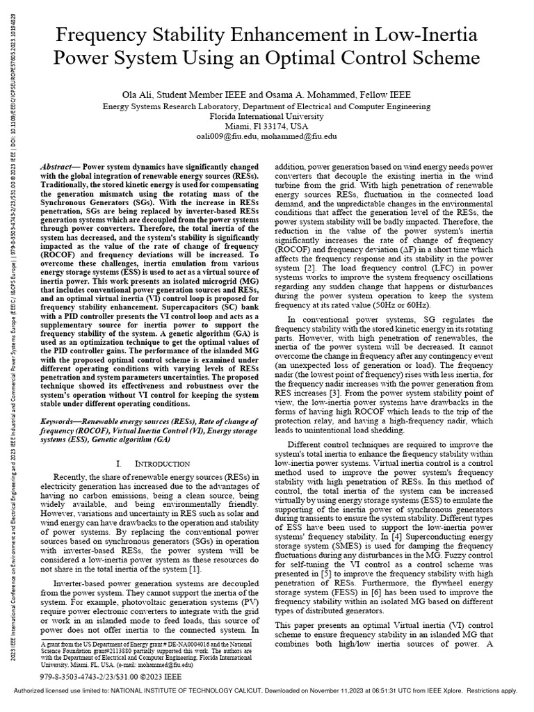 Frequency Stability Enhancement in Low-Inertia Power System Using An Optimal Control Scheme ...