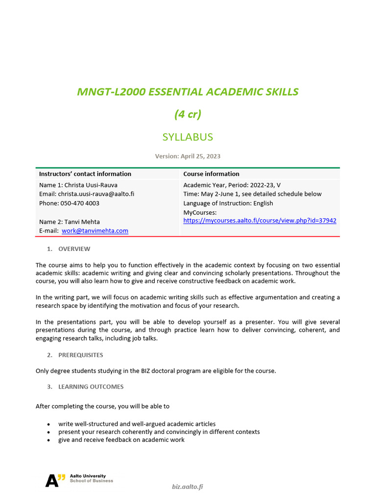 Essential Academic Skills Course Syllabus | PDF | Editing | Human ...